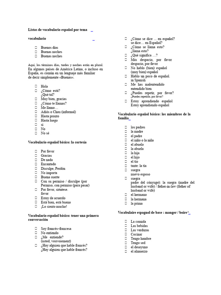 Listas de Vocabulario Español Por Tema | PDF | Lengua española