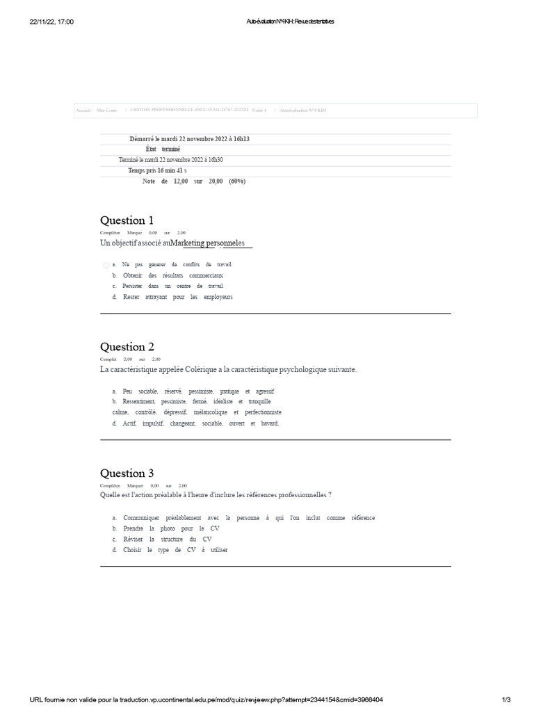 Autoévaluation N°4 en Gestion Professionnelle | PDF | Psychologie