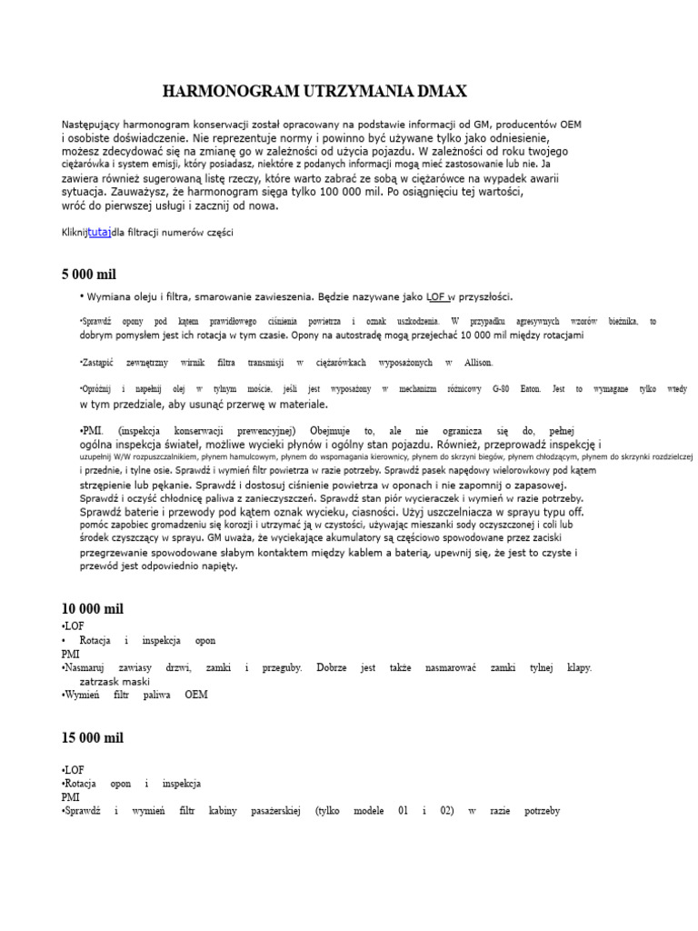 Harmonogram konserwacji Duramax | PDF