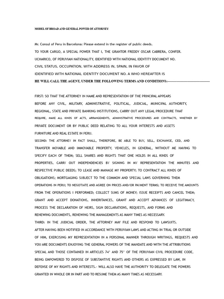 Broad and General Power of Attorney Model | PDF | Power Of Attorney ...
