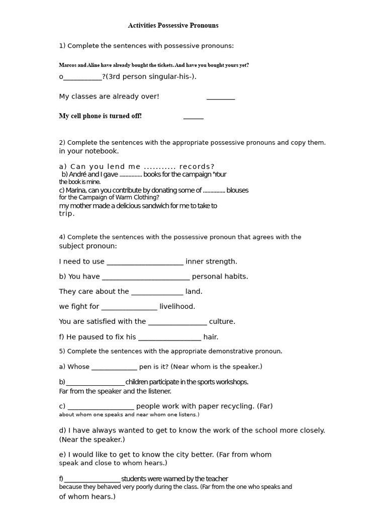 Activities on Possessive and Demonstrative Pronouns | PDF | Pronoun ...