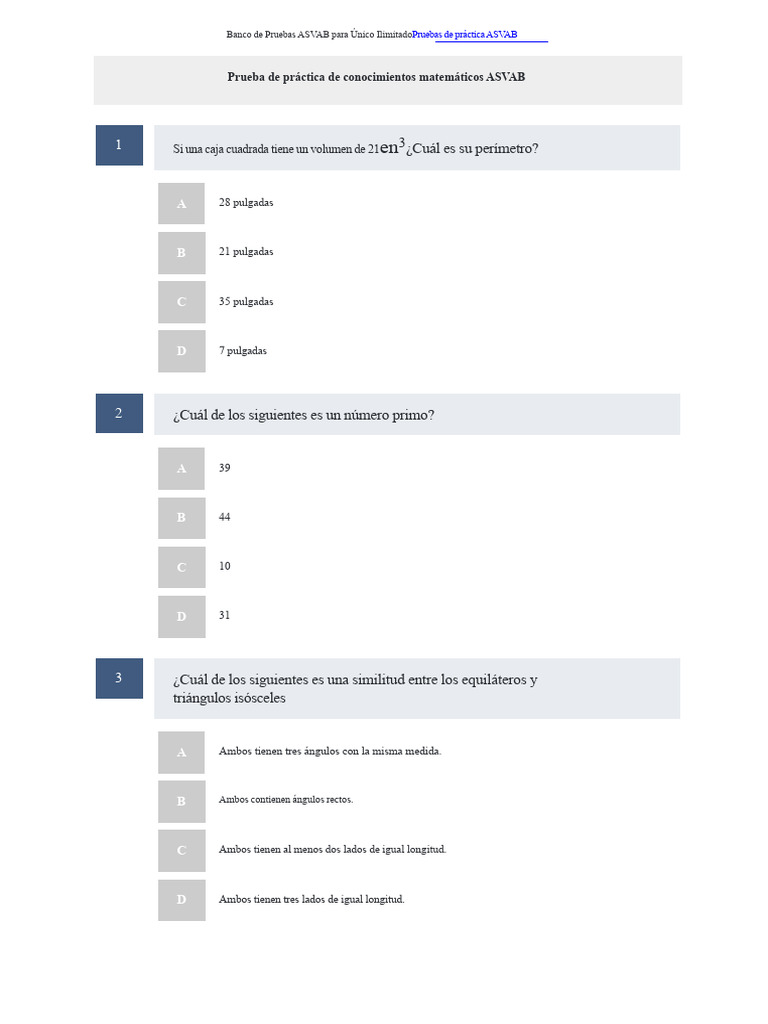 Prueba de Práctica de Matemáticas ASVAB 4 | PDF | Triángulo | Ángulo