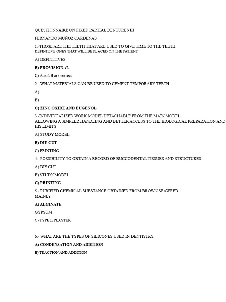 Partial Fixed Prosthesis Questionnaire Iii Exam | PDF