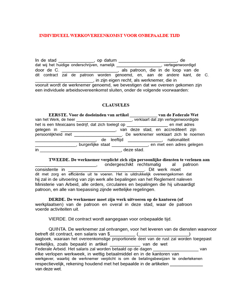 Individueel Arbeidsovereenkomst Voor Onbepaalde Tijd | PDF