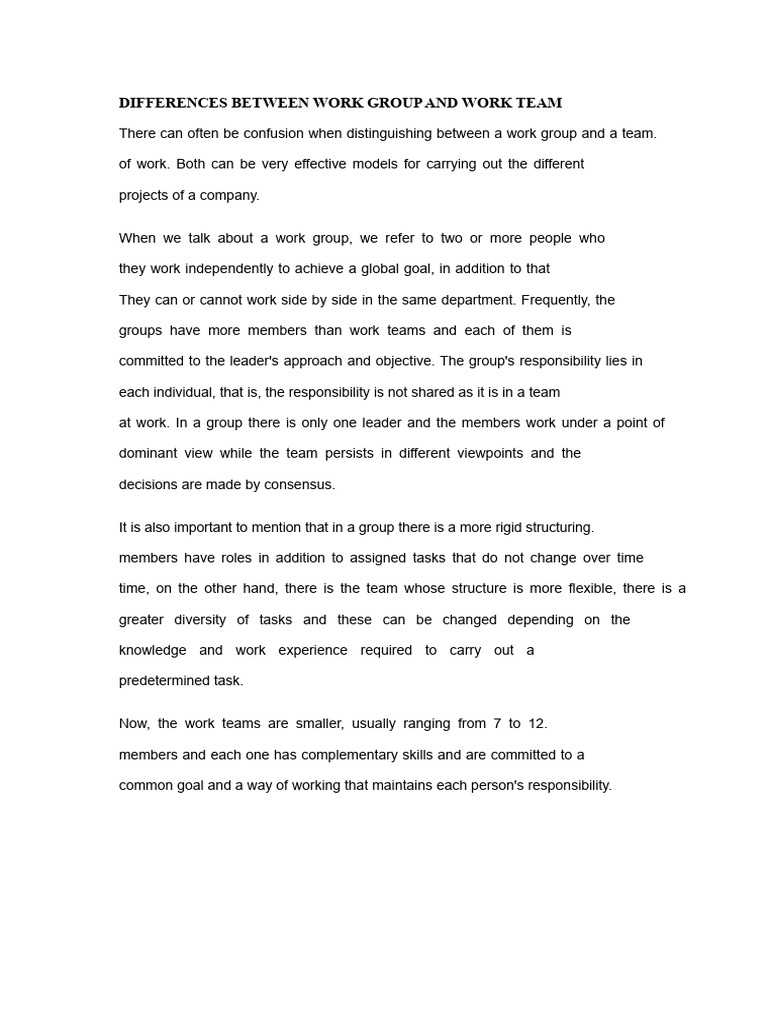 Essay. Differences Between A Work Group and A Work Team | PDF