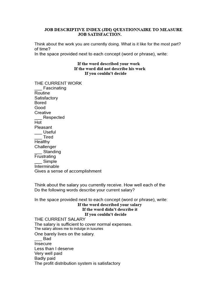 JDI Questionnaire for Job Satisfaction | PDF | Job Satisfaction ...