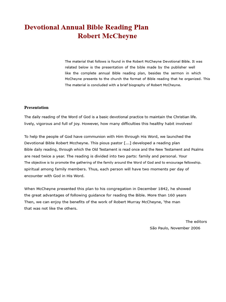 Robert McCheyne's Bible Reading Plan | PDF | Jesus | Bible