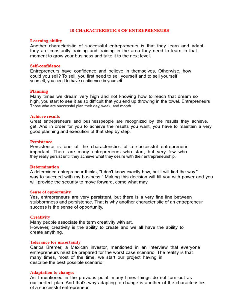 10 Key Characteristics of Entrepreneurs | PDF