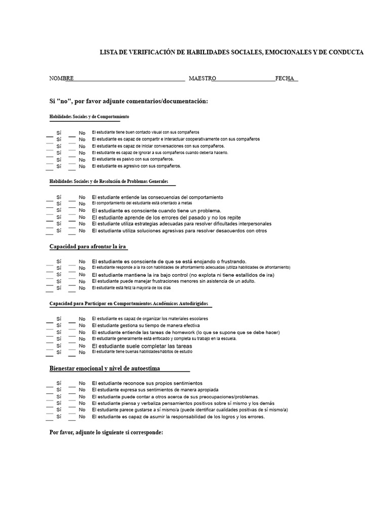 Lista de Verificación Socioemocional | PDF | Habilidades sociales | Las ...