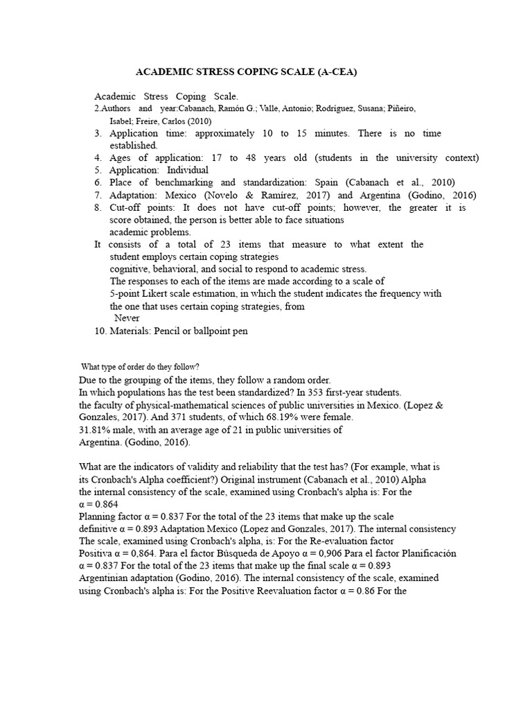 Academic Stress Coping Scale Overview | PDF | Cronbach's Alpha ...