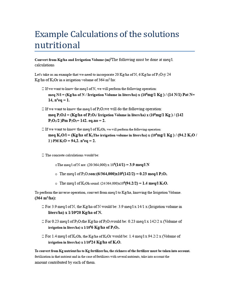 Example Calculations of Nutrient Solutions | PDF | Fertilizer ...