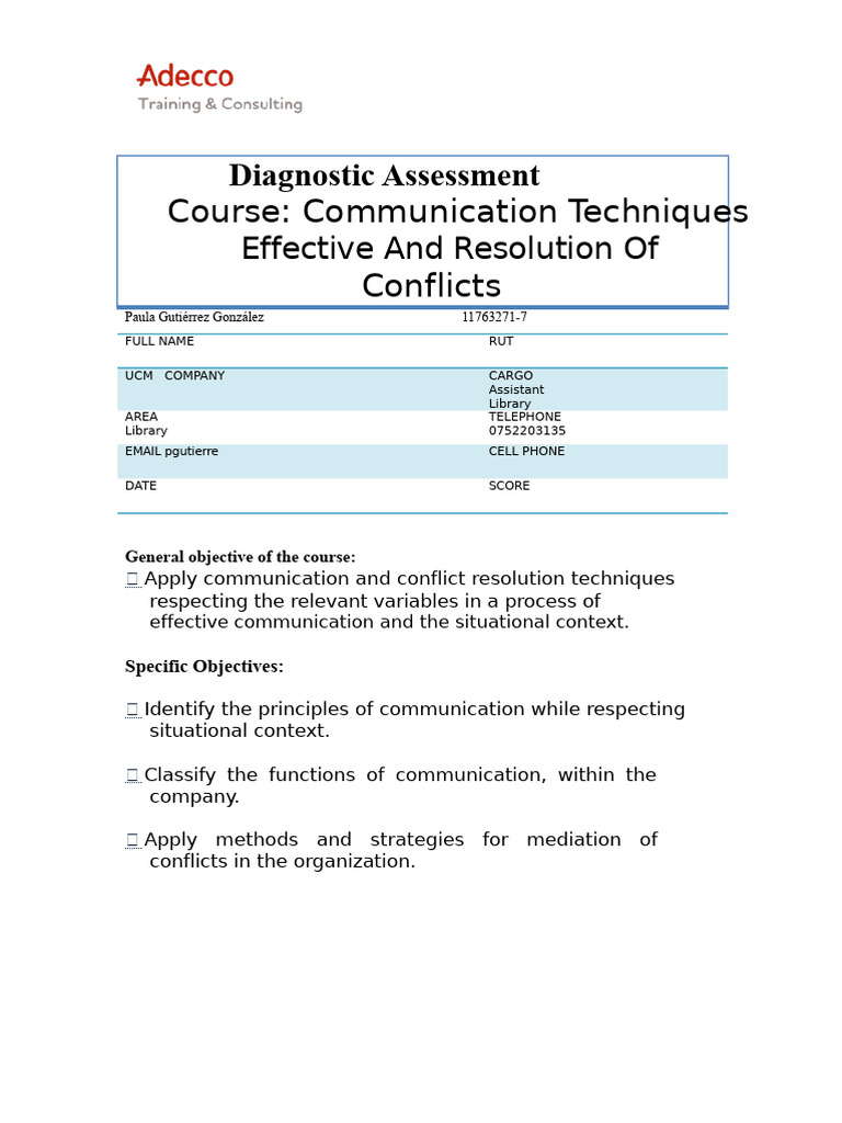 Diagnostic Evaluation Effective Communication and Conflict Resolution ...