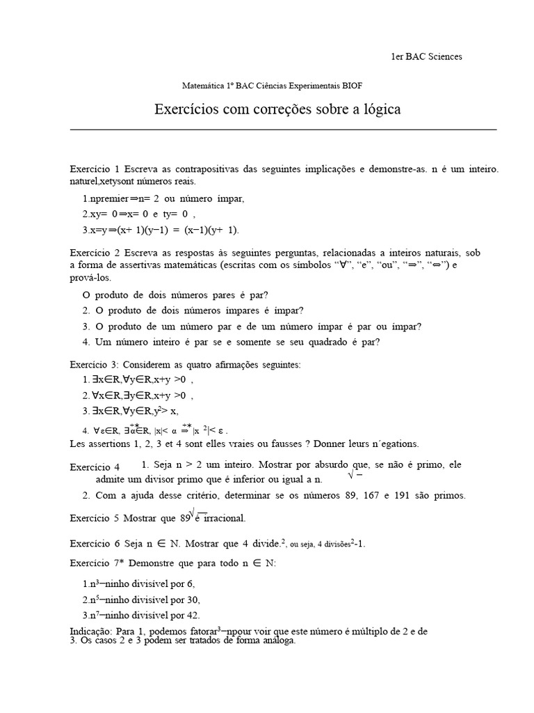 lógica-matemática-exercícios-corrigidos-1 | PDF | Número primo | Lógica matemática
