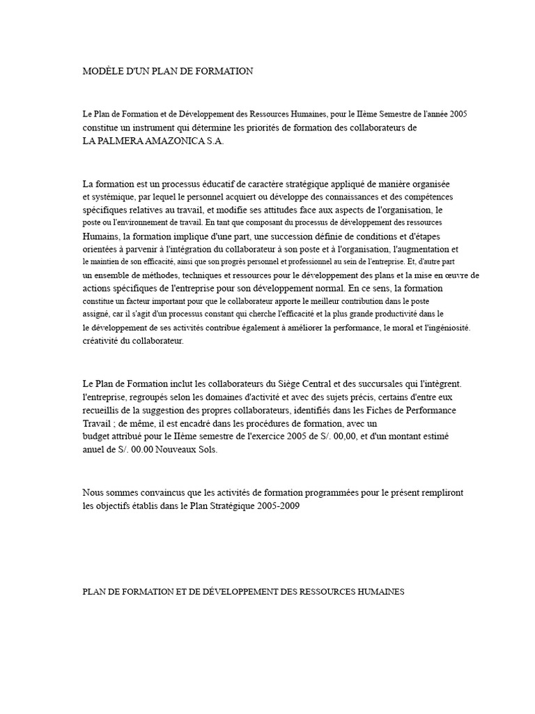 Plan de Formation RH 2005 - La Palmera Amazonica | PDF | Gestion des ...
