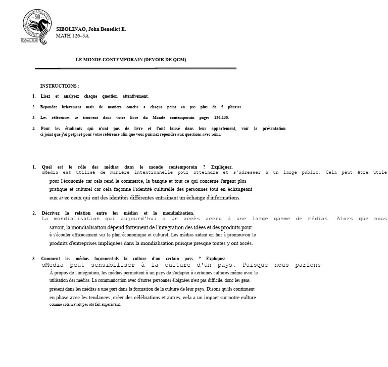 Devoir de Quiz Sur La Culture Médiatique Mondiale (Sibolinao) | PDF ...