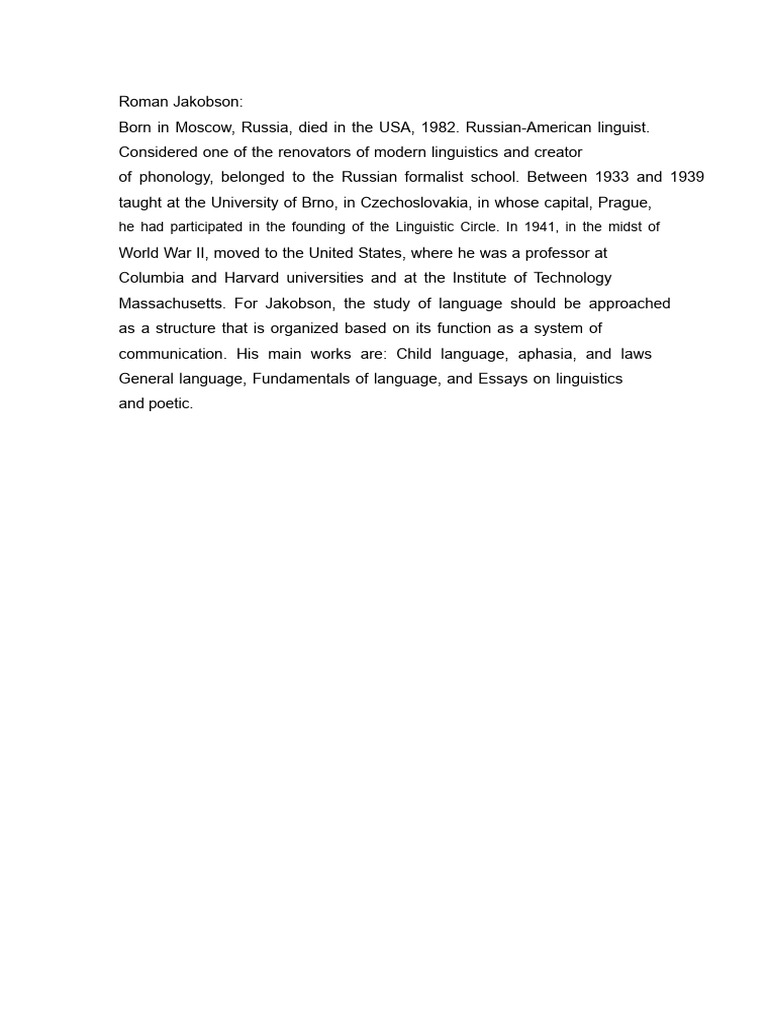 Roman Jakobson: Linguist and Innovator | PDF