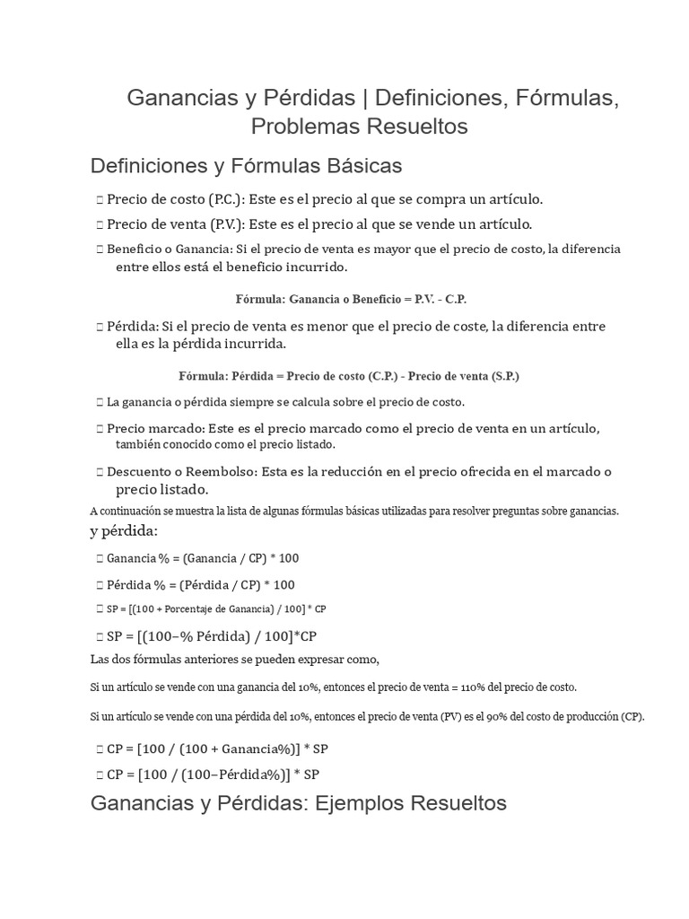 Fórmulas de Ganancia y Pérdida en % | PDF | Porcentaje