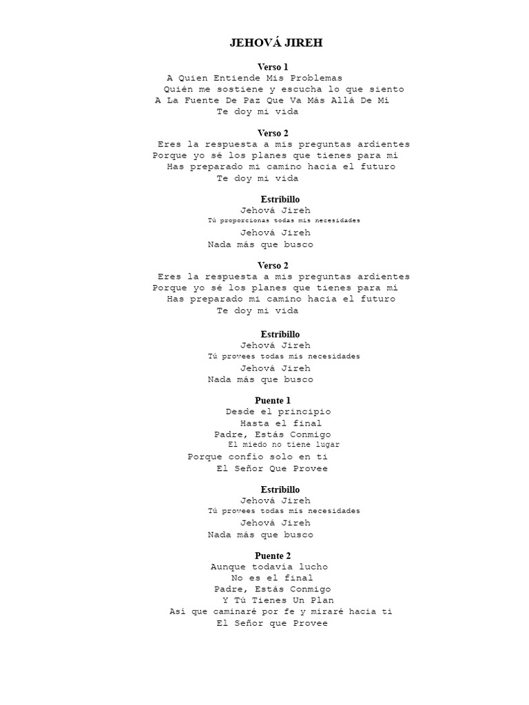 JEHOVÁ JIREH LETRA | PDF