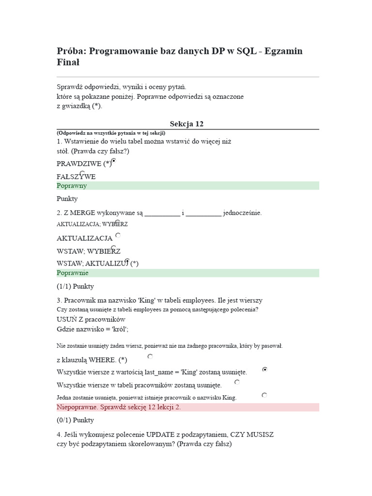 Programowanie Baz Danych DP Z SQL - Egzamin Końcowy | PDF