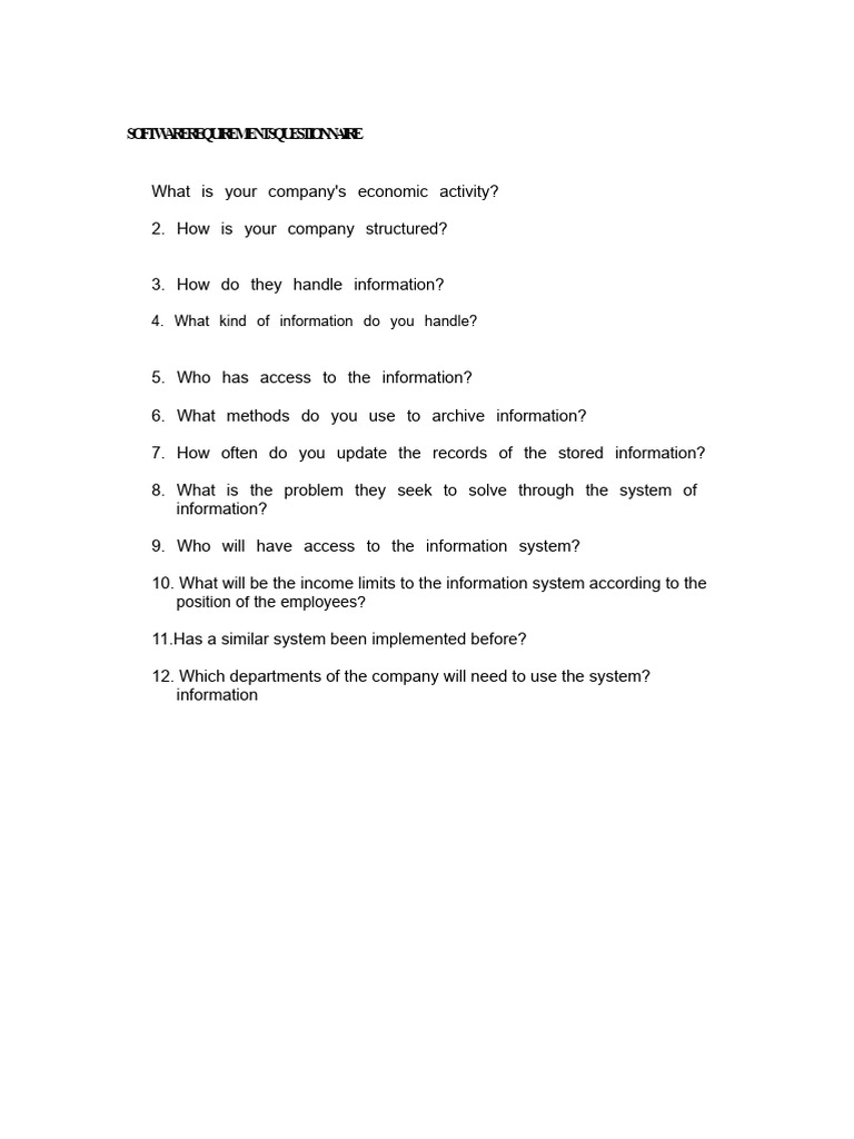 Software Requirements Questionnaire Guide | PDF