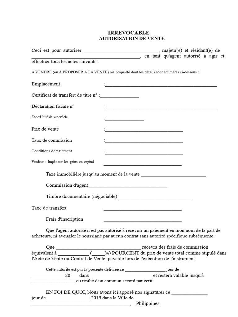 Autorisation de Vente de Propriété | PDF | Sodles