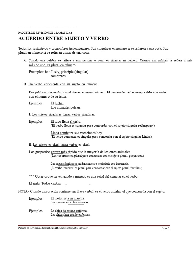 Paquete de Revisión de Gramática 6 Acuerdo Entre Sujeto y Verbo | PDF ...