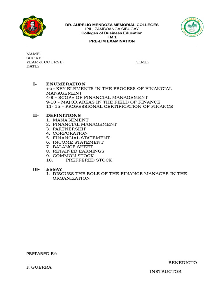 Fm1 Pre- Lim Exam | PDF