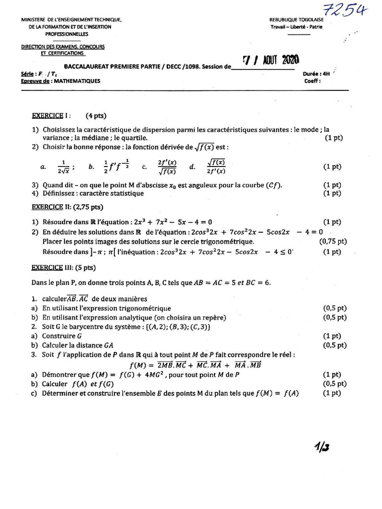 BAC1 - 2020 Mathématique Série F &ti | PDF