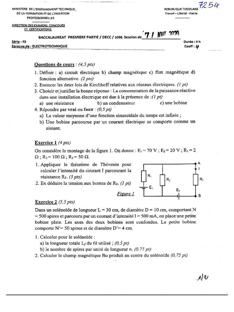 BAC1 - 2020 Électrotechnique Série F3 | PDF