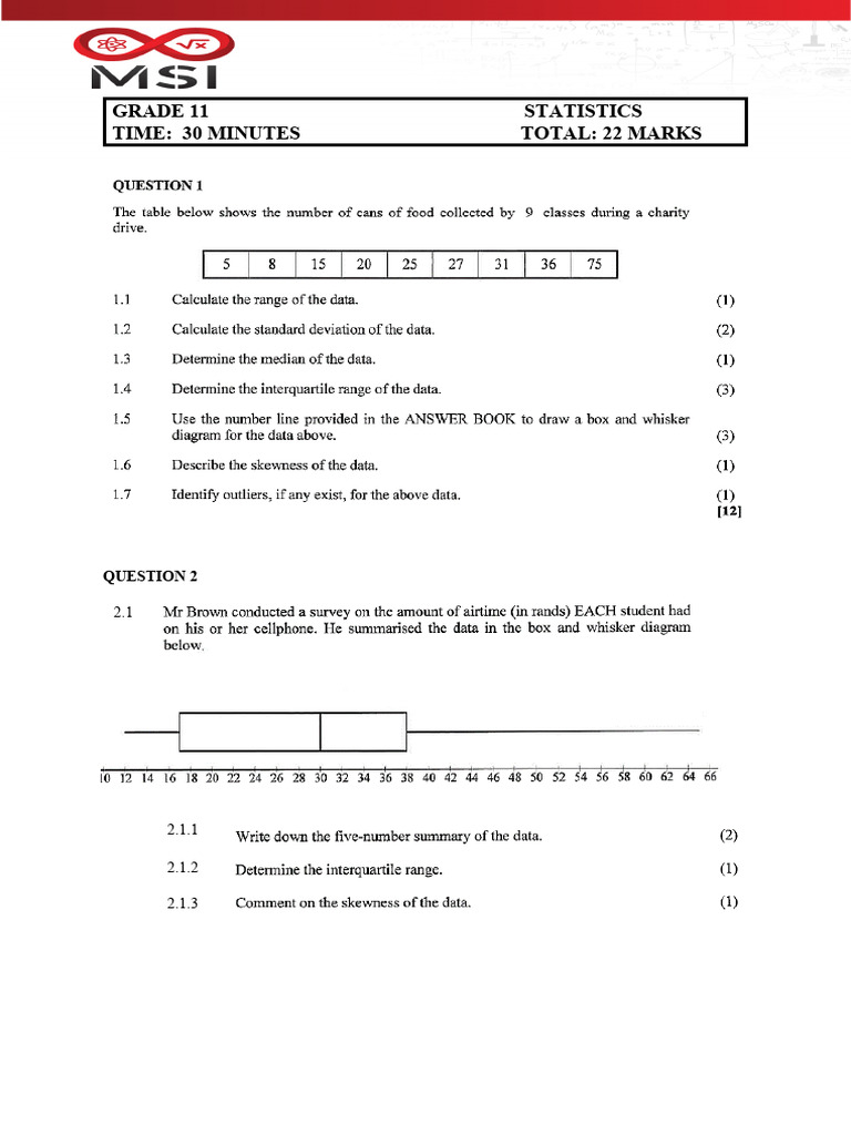 Grade 11 Statistics Exam Questions | PDF
