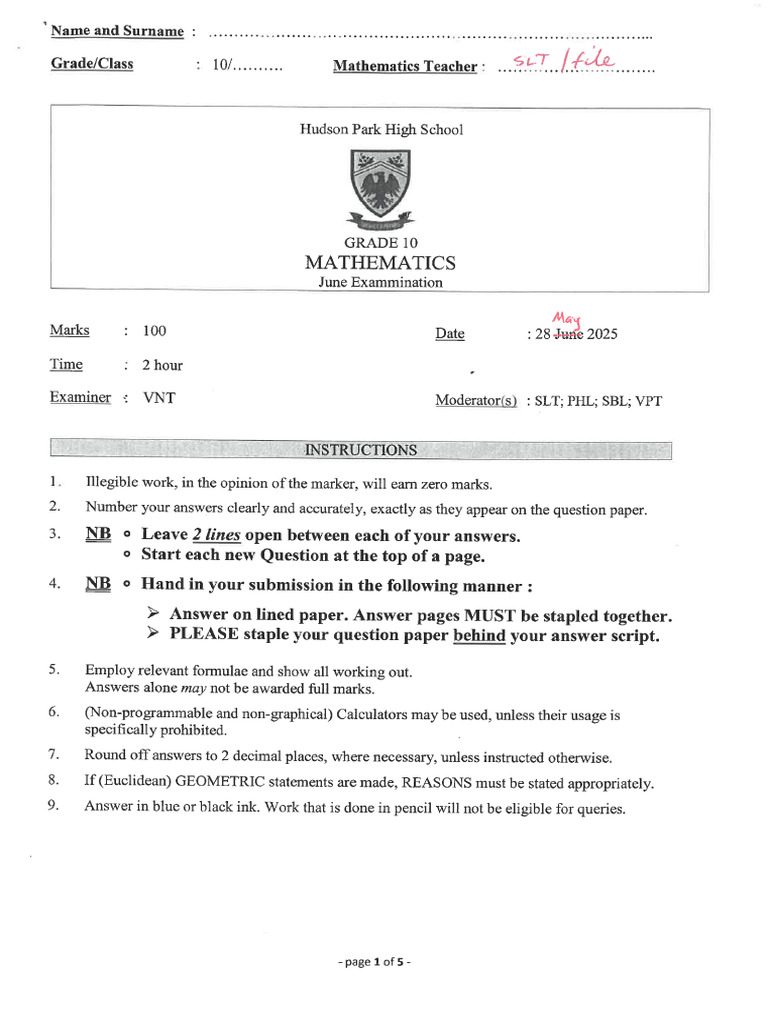 2025 GR 10 Maths Mid-Year Examination | PDF