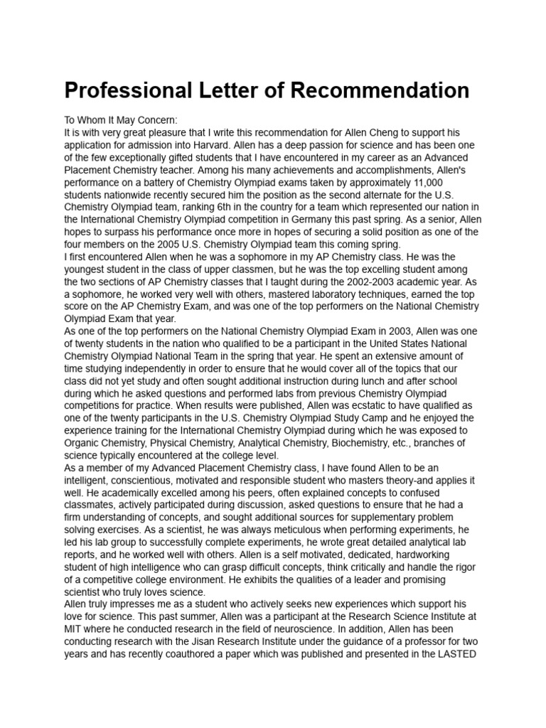 Recommendation for Allen Cheng to Harvard | PDF | Science | Learning