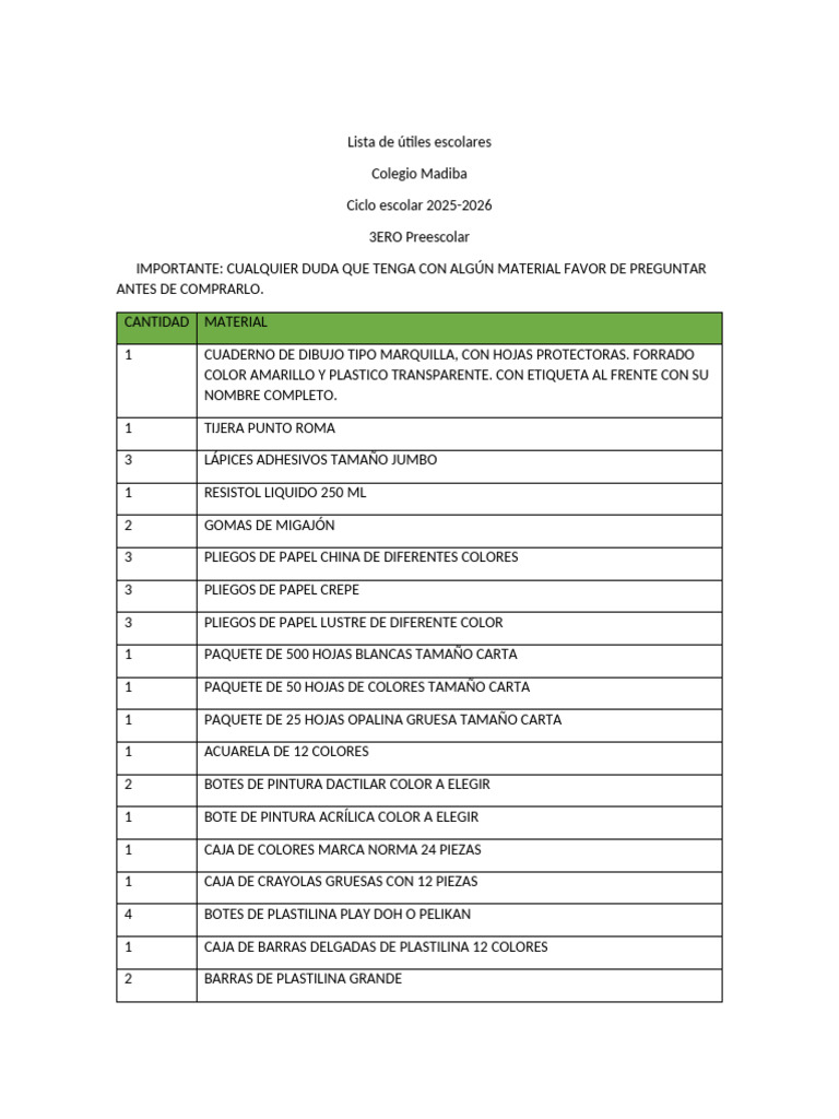 Lista de Útiles Escolares Ciclo 25-26 3ero de Preescolar (1) | PDF | Tecnicas artisticas | Visión