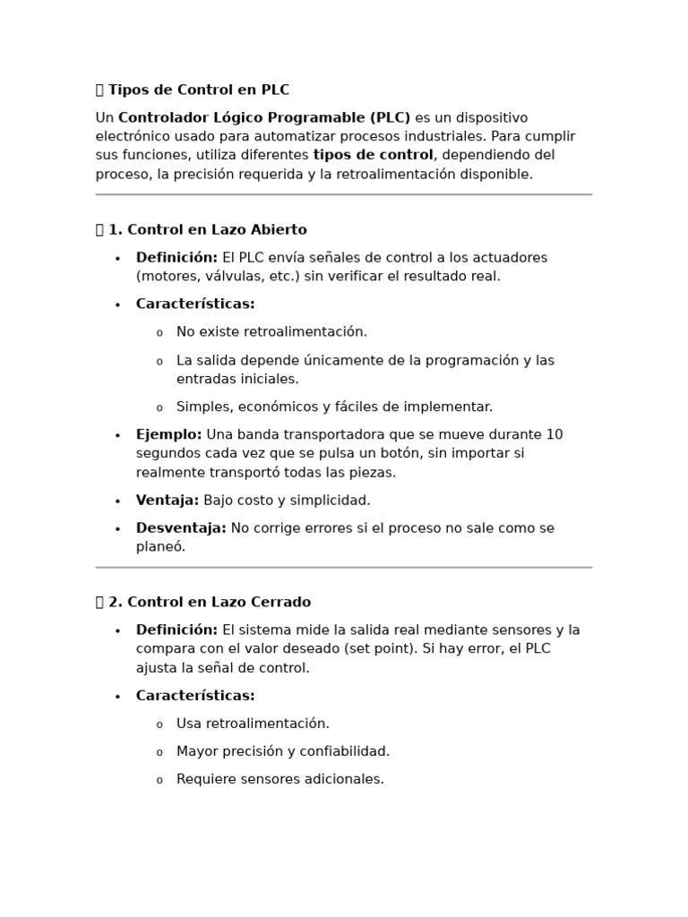 Tipos de Control en PLC: Guía Completa | PDF | Automatización ...