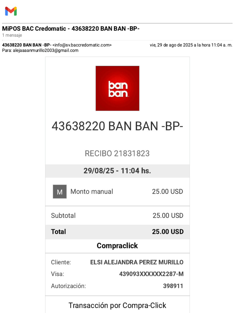Gmail - Mipos Bac Credomatic - 43638220 Ban Ban - BP | PDF