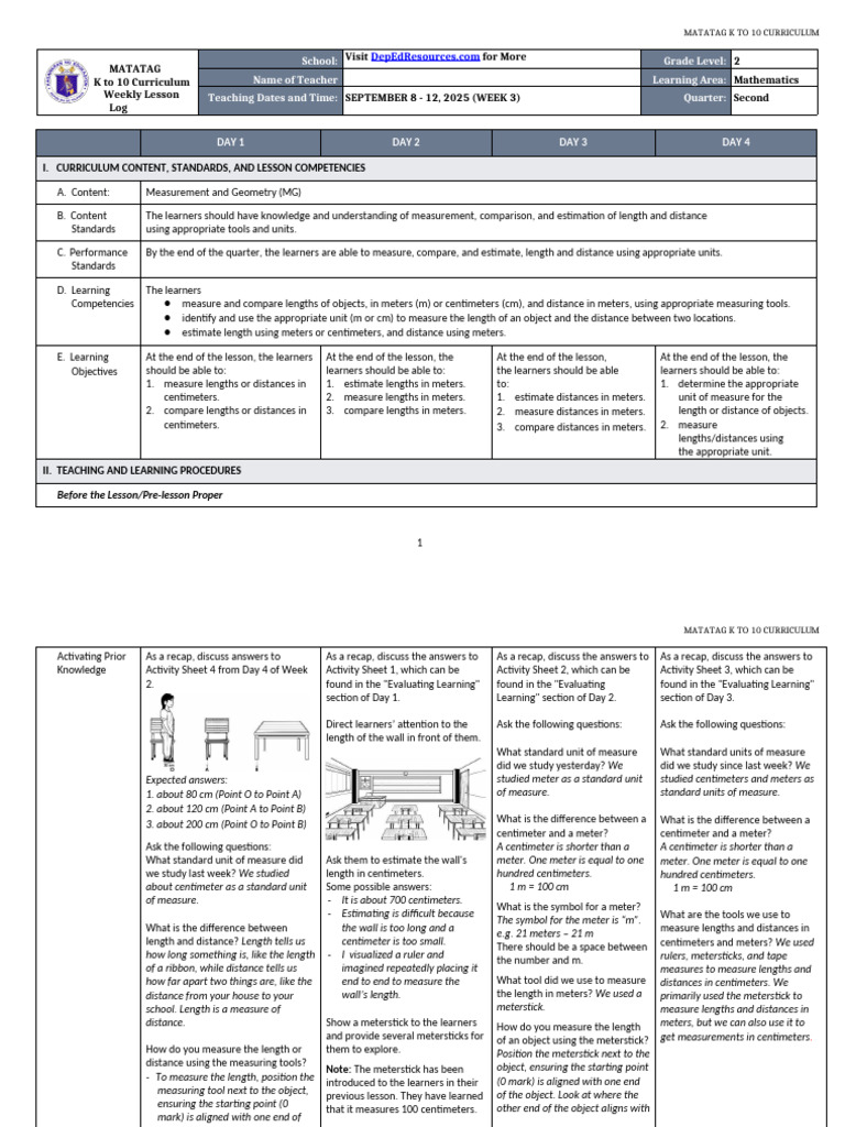 DLL Matatag Mathematics 2 q2 w3 | PDF | Length | Measurement