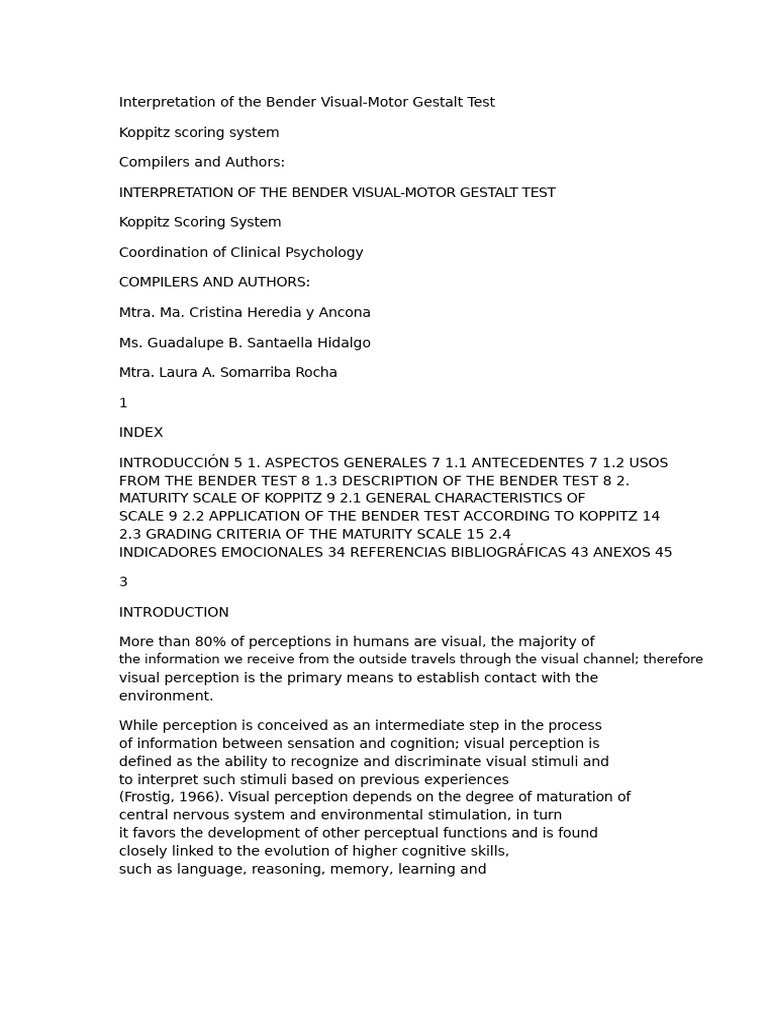 Koppitz Scoring System for Bender Test | PDF | Perception | Psychology