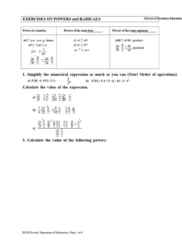 Powers, Roots, and Radicals 3rd Year of Secondary Education | PDF ...