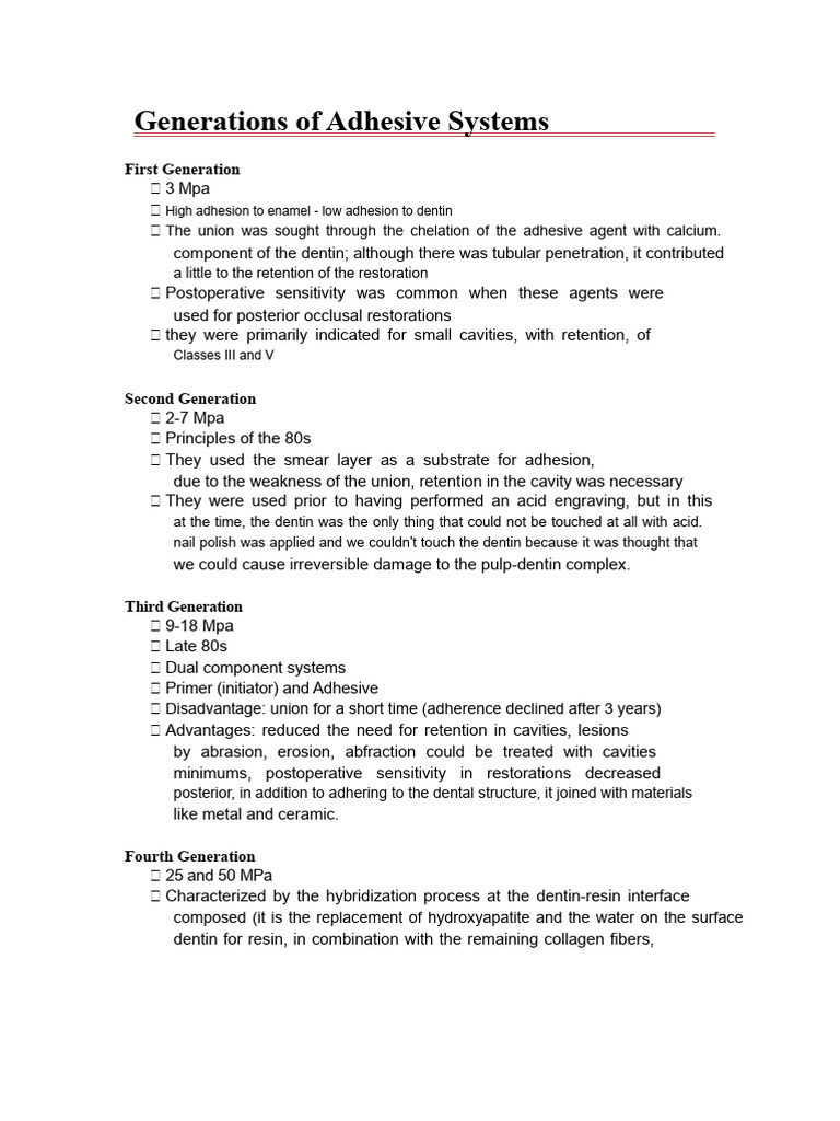 Generations of Adhesive Systems | PDF | Dentin | Human Tooth