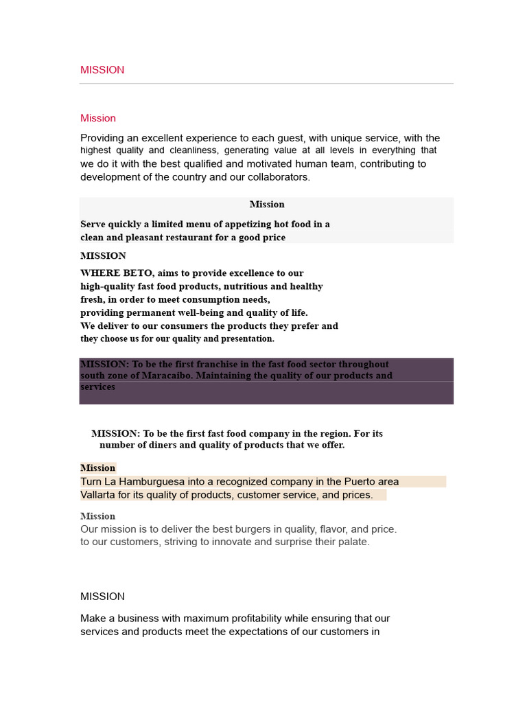 Fast Food Mission and Vision Statements | PDF | Fast Food | Brand