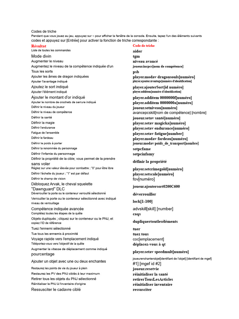 Codes de triche pour Skyrim | PDF | Triche dans les jeux vidéo ...