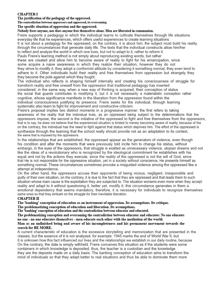Freire's Pedagogy of the Oppressed: Chapter 1 Summary | PDF
