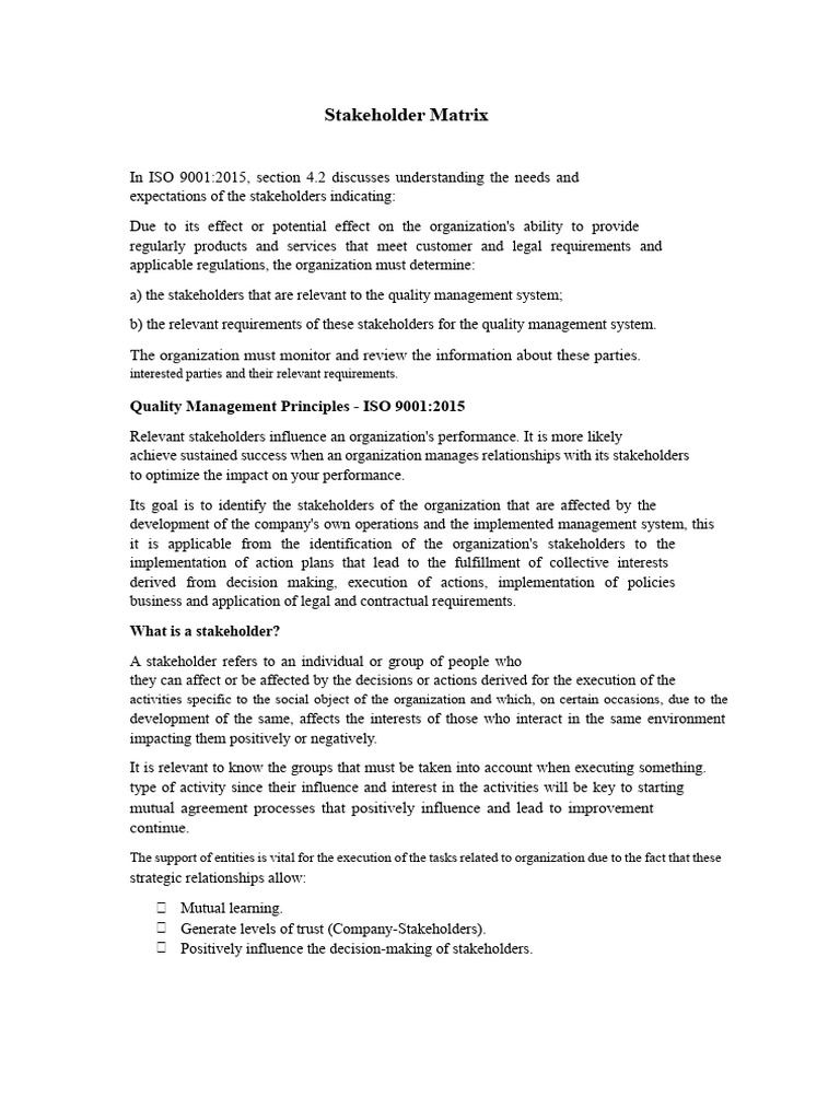 Stakeholder Matrix ISO 9001-2015 | PDF | Strategic Planning | Quality ...