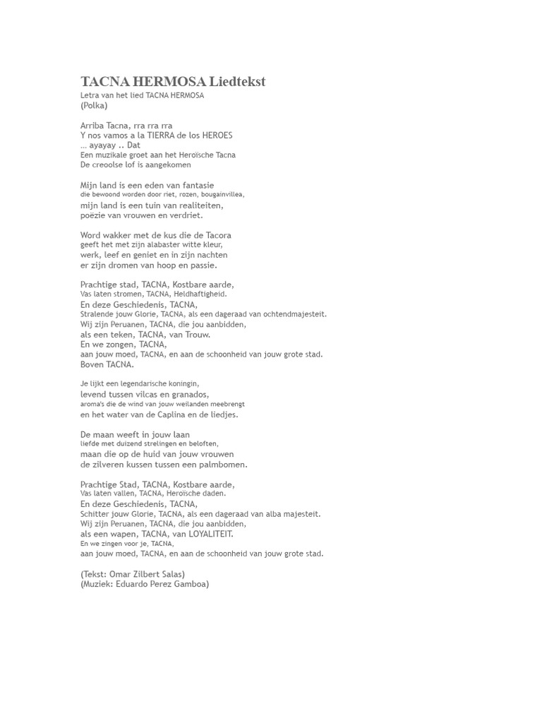 Tekst van het nummer TACNA HERMOSA | PDF