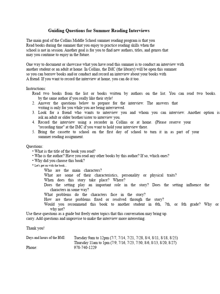 Summer Reading Interview Guide | PDF