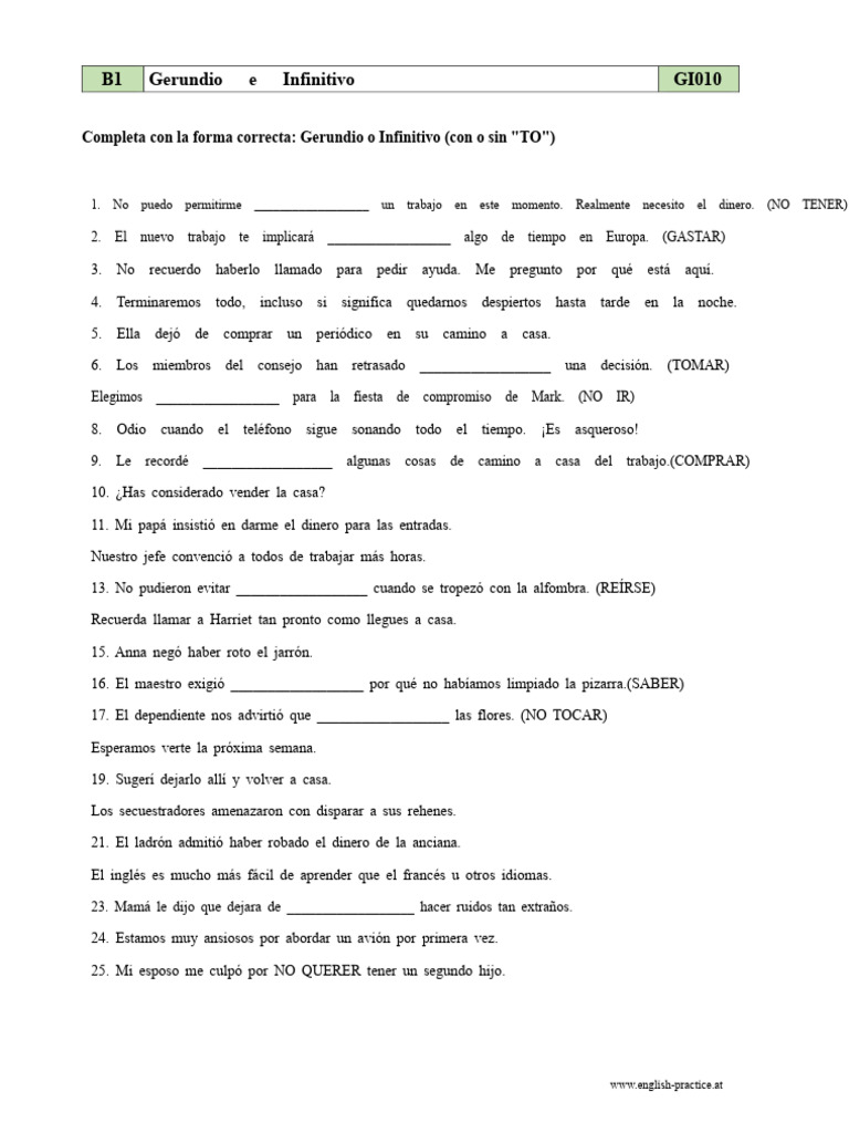 B1 - Gerundio o Infinitivo 2 | PDF