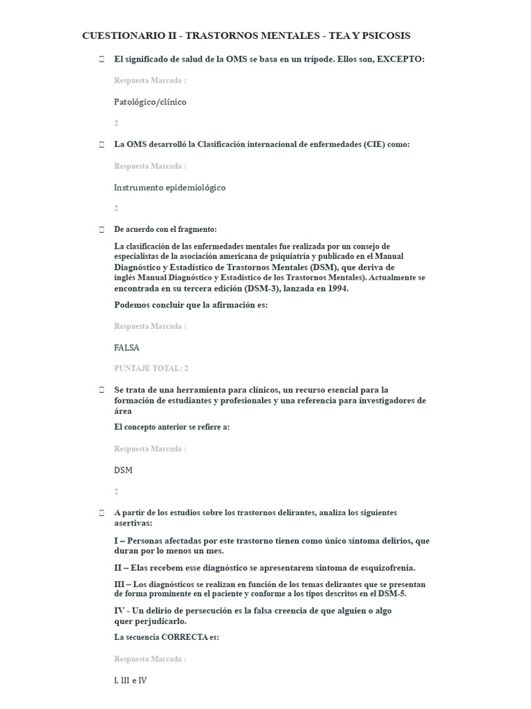 Cuestionario Ii - Trastornos Mentales - Tea y Psicosis | PDF | Engaño | Manual Diagnóstico y ...