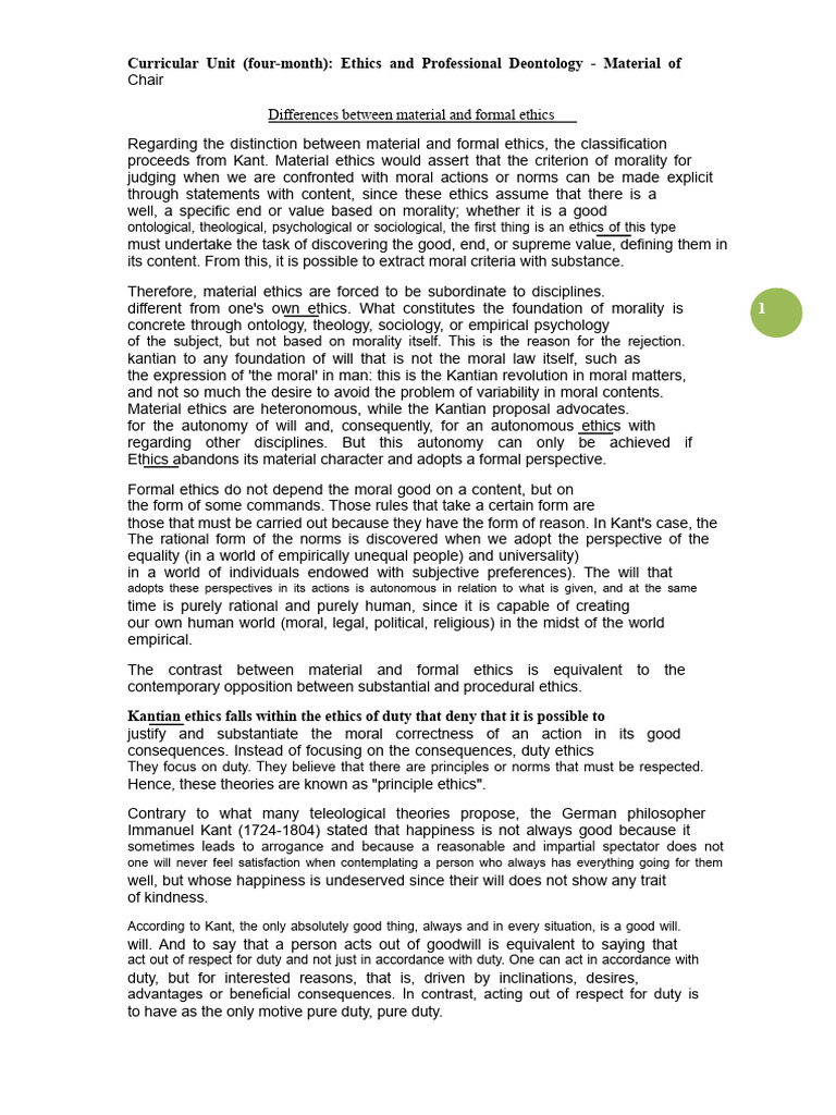 Differences Between Material and Formal Ethics | PDF | Immanuel Kant ...