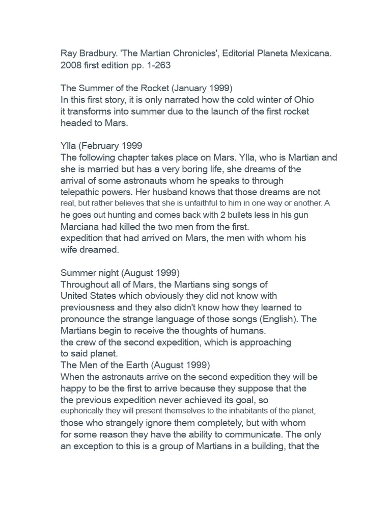 Summary of The Martian Chronicles | PDF | Mars
