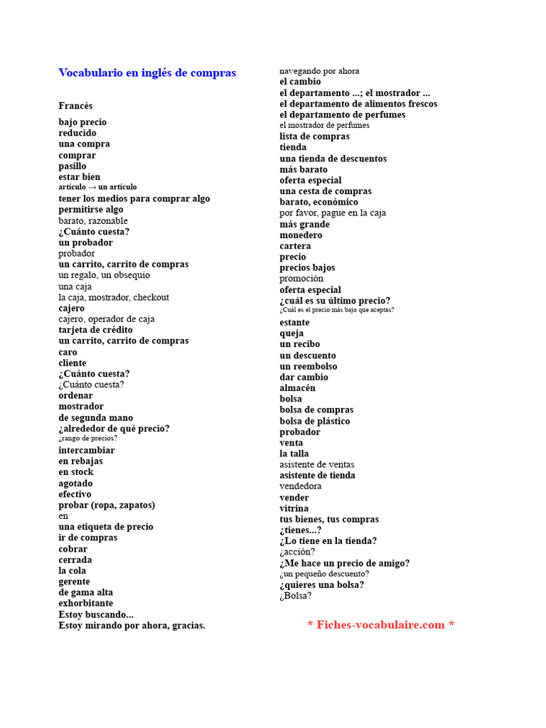 Vocabulario Inglés de Compras | PDF | Al por menor